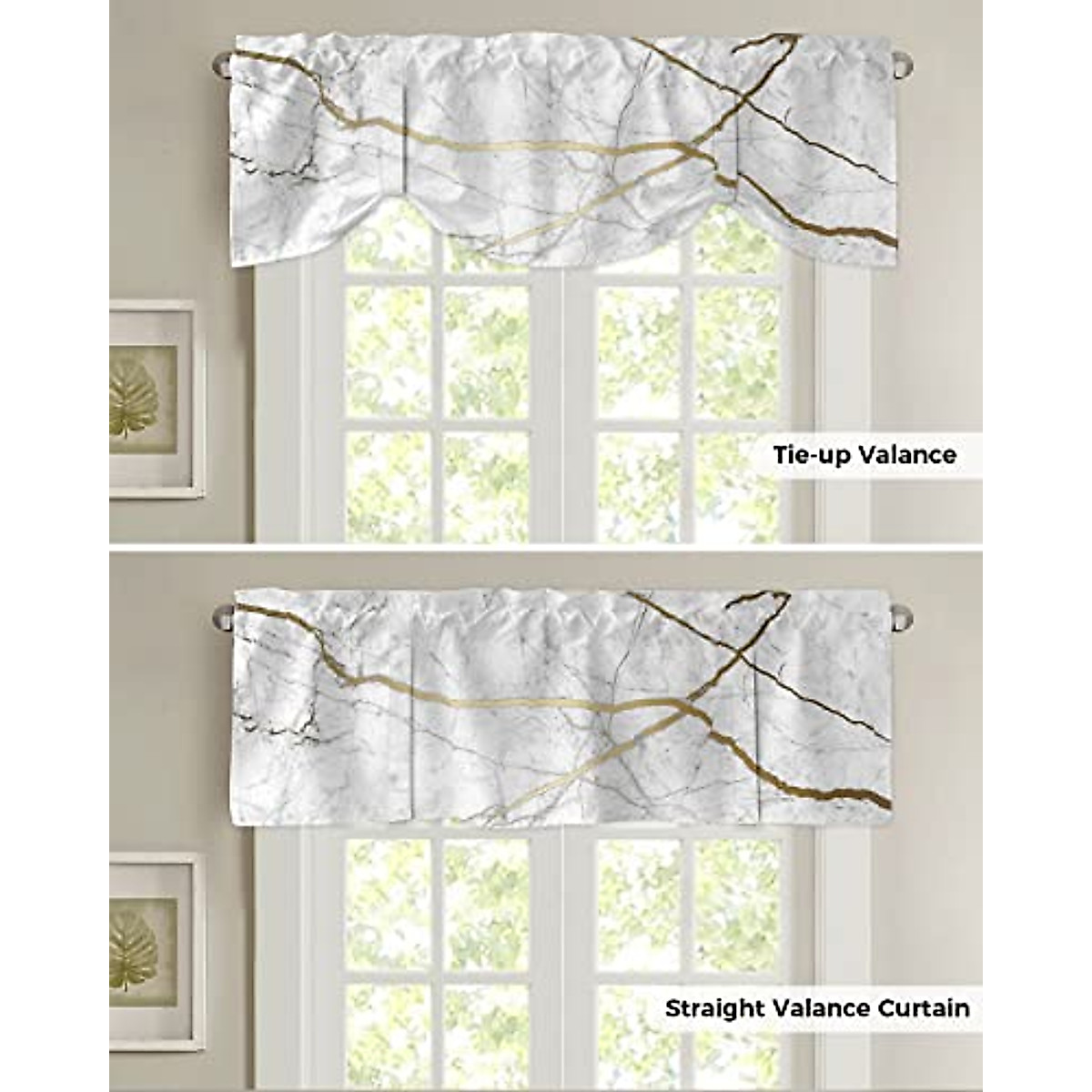 Tie Up Curtain Valance for Kitchen,White Marble Gold Stripes Window Valances Adjustable Tie-up Shade Valance,Modern Abstract Geometric Rod Pocket Short Curtains Window Treatment for Bathroom 60x18in