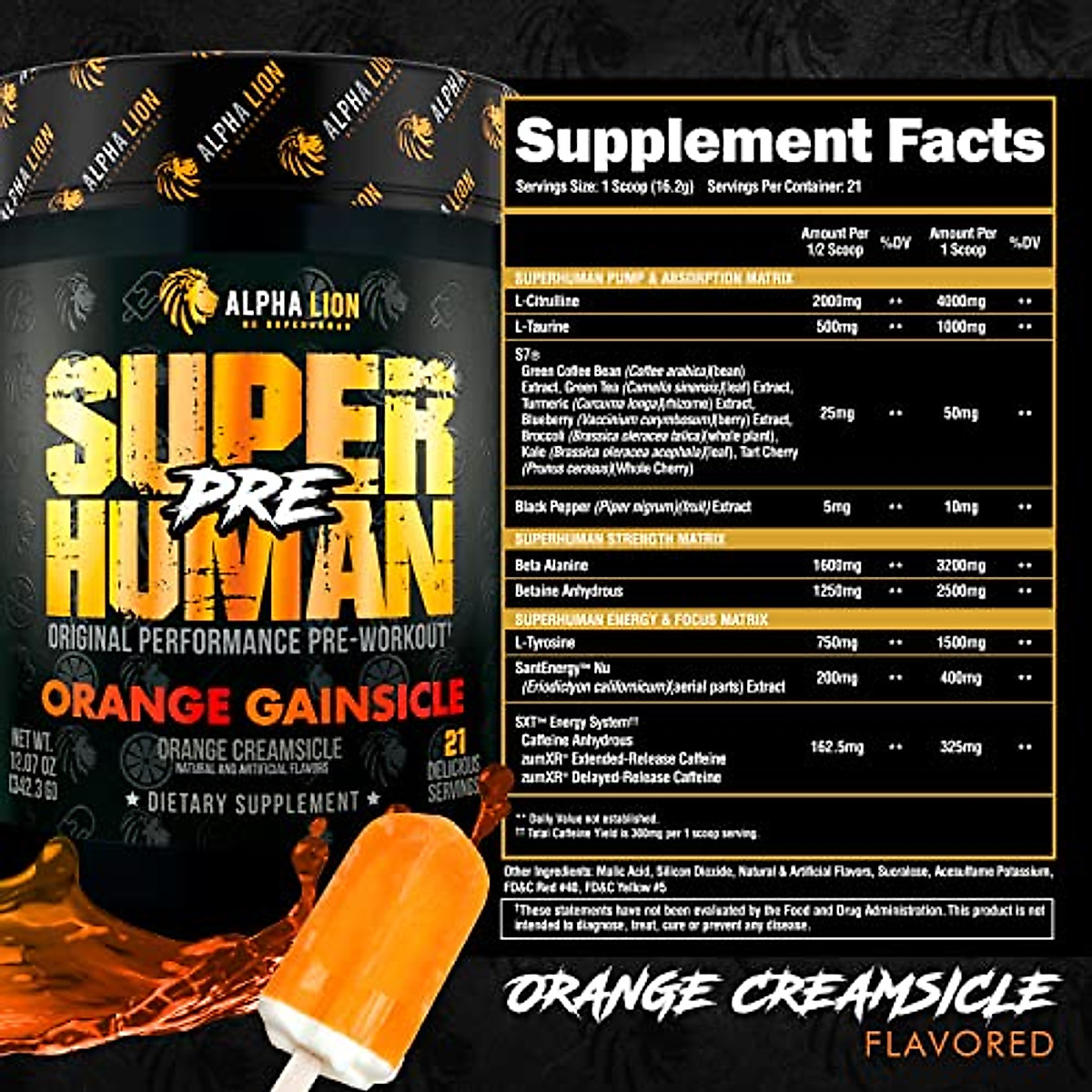ALPHA LION Superhuman Pre Workout Powder, Beta Alanine, L-Taurine & Tri-Source Caffeine for Sustained Energy & Focus, Nitric Oxide & Citrulline for Pump (21 Servings, Orange Gainsicle)