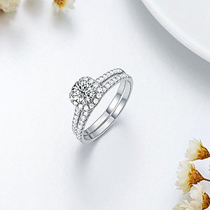 Halo Wedding Ring Set for Women Bridal Sets Wedding Rings Platinum Plated Silver, 1-1/2 Carat (ctw) Moissanite Engagement Ring Set White Gold Anniversary Promise Rings(size 7)