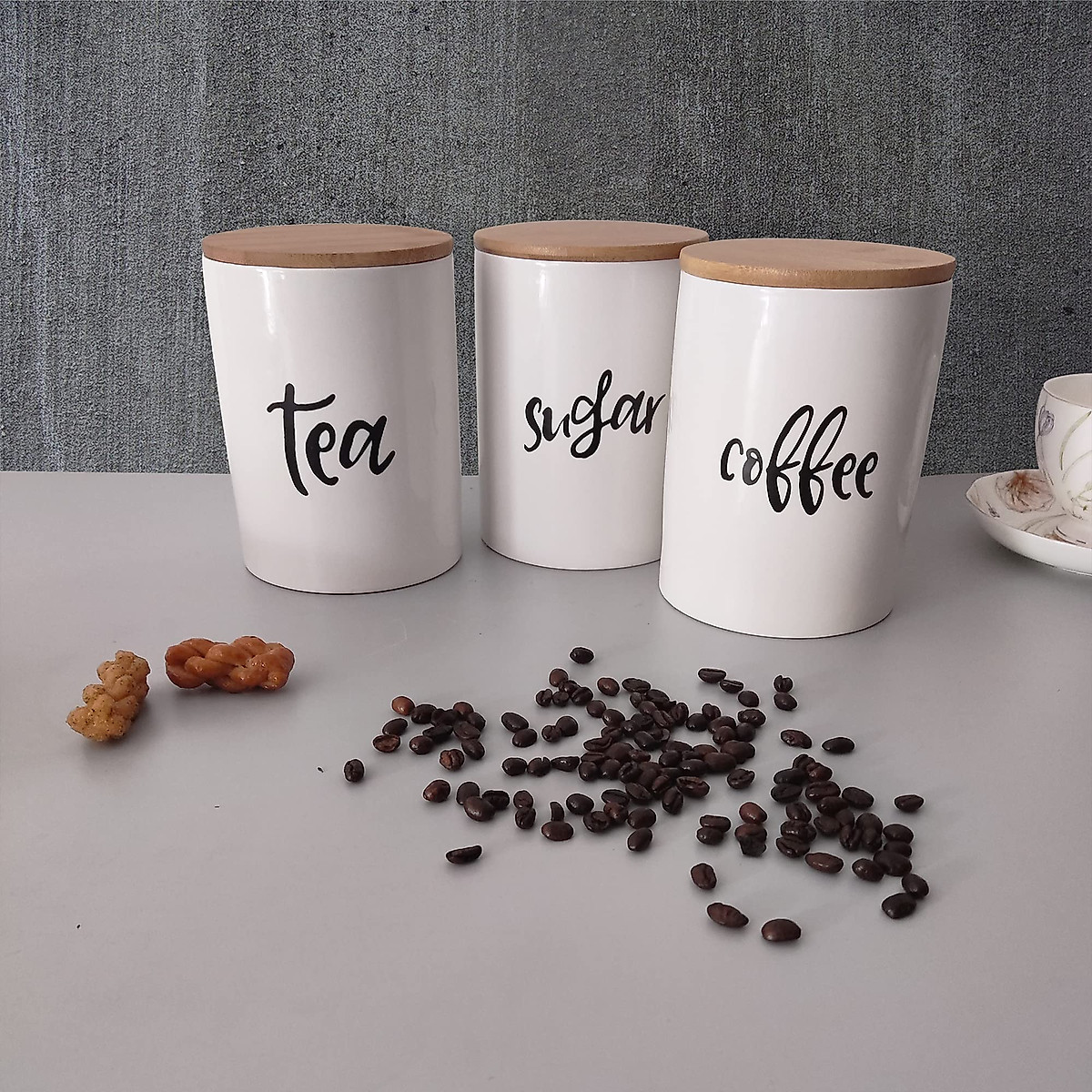 Kitchen Food Storage Ceramic Canister,Airtight Ceramic Canisters with Bamboo Lid,For Coffee, Sugar,Tea Storage Containers 24.68 FL OZ (730 ML),Set of 3