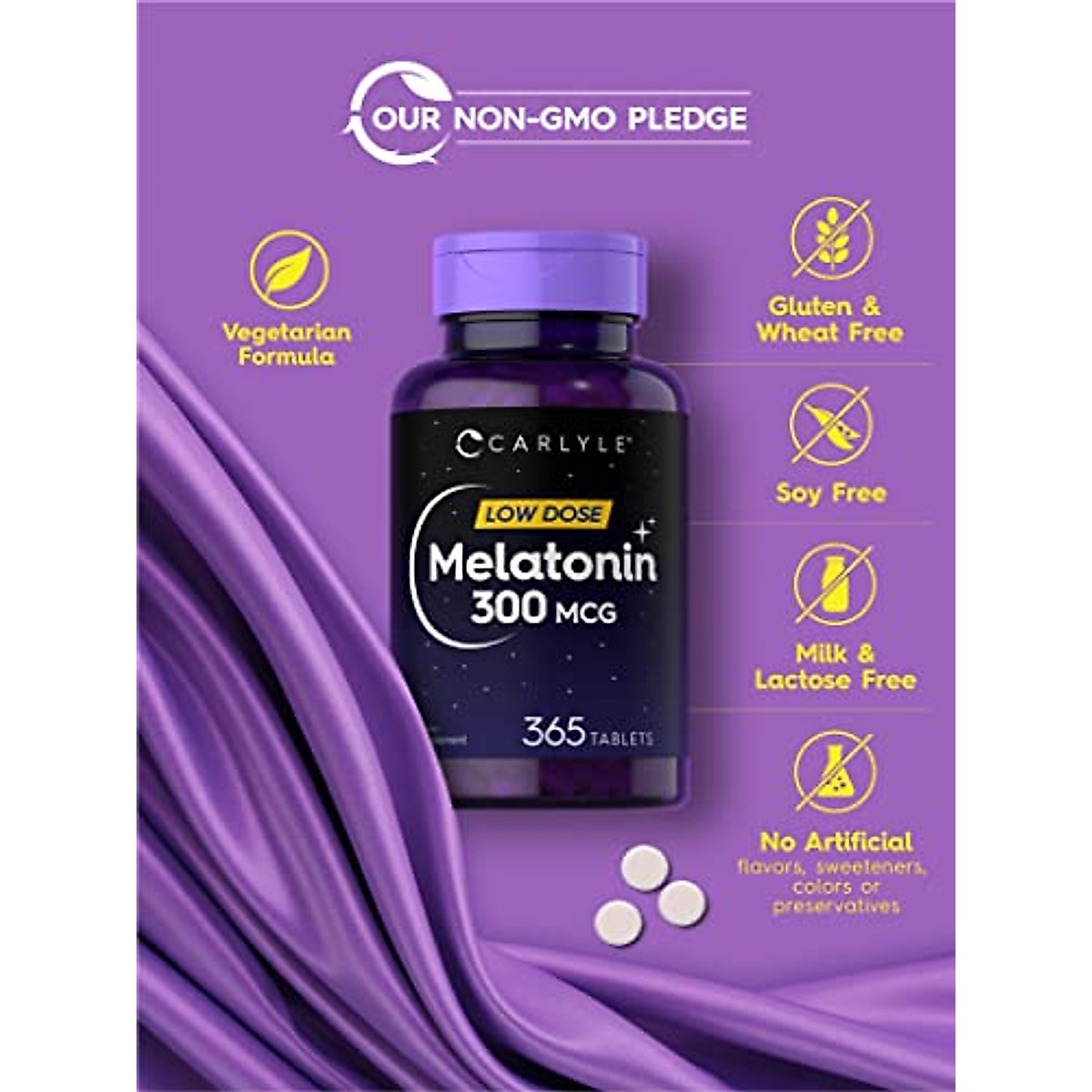Carlyle Melatonin 300 mcg | 365 Tablets | Low Dose | Vegetarian, Non-GMO, Gluten Free
