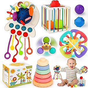 Baby Toys 6-12 Months,5 in 1 Montessori Toys for Babies 6-12 Months,Pull String Infant Teething Toys,Stacking Rings,Color Shape Sensory,Suction Cup Spinner Toys for 6-9-12 to 18 M+ Birthday Gifts