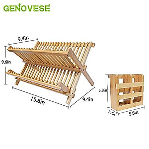 GENOVESE Bamboo Dish Drying Rack with Utensil Flatware Holder, 2-Tier Folding and Compact Drainer Kitchen(1 Utensil Holder) 18 Slots