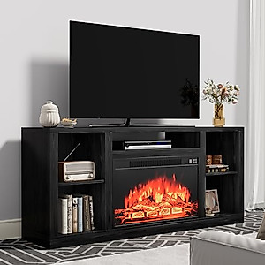 YESHOMY Electric Fireplace TV Stand for Televisions up to 65+ Inch, Media Entertainment Center Console Table with Four Open Storage Shelves & Cabinets, 58 Inch, Black