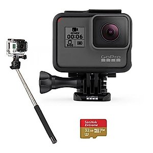 GoPro HERO6 Black CHDHX-601 + 32GB microSDHC Card + Micro HDMI Cable + Case for GoPro HERO4 and GoPro Accessories + Fibercloth Bundle (Selfie Stick)