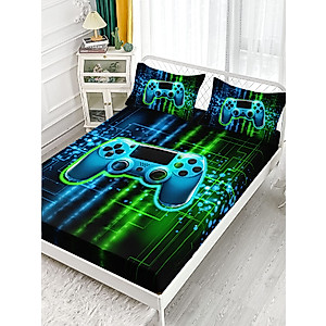 Datura home Video Gamer Sheet Set 4Pcs Kids Green Black Gamepad Modern Gamer Gaming Printed Sheet Set with 1 Flat Sheet and 1 Fitted Sheet + 2 Pillowcases for Boys(Gamepad Twin)