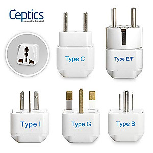 Ceptics Adapter Plug Set for World Wide International Travel Use - Grounded Safe - Works with Cell Phones, Chargers, Batteries, Camera, and More