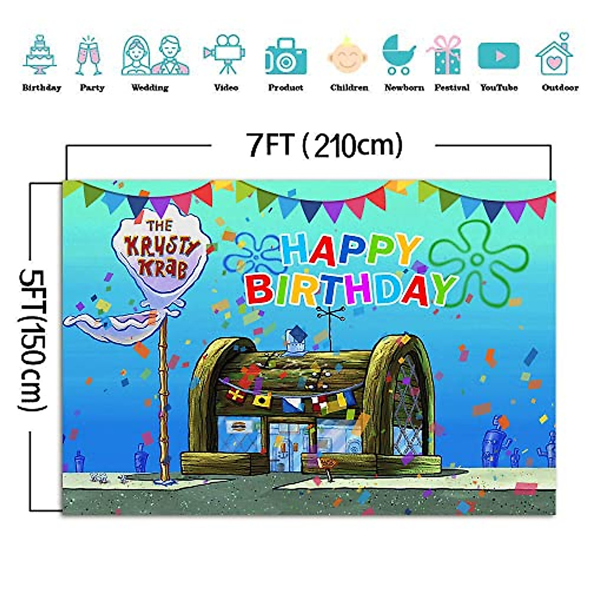 QHY 7x5ft Cartoon Animation Spongebob Theme Photography Backdrop Children Happy 1st Birthday Party Decorations Banner The Krusty Krab Photo Background Vinyl Baby Shower Booth Studio Props