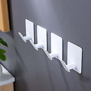 DELITON Adhesive Towel Hooks/Bathroom Wall Hooks - White Heavy Duty Self Adhesive Hooks Stick on Hanging Robes Coats Clothes for Bedroom Kitchen Door, Stainless Steel 4 Pack