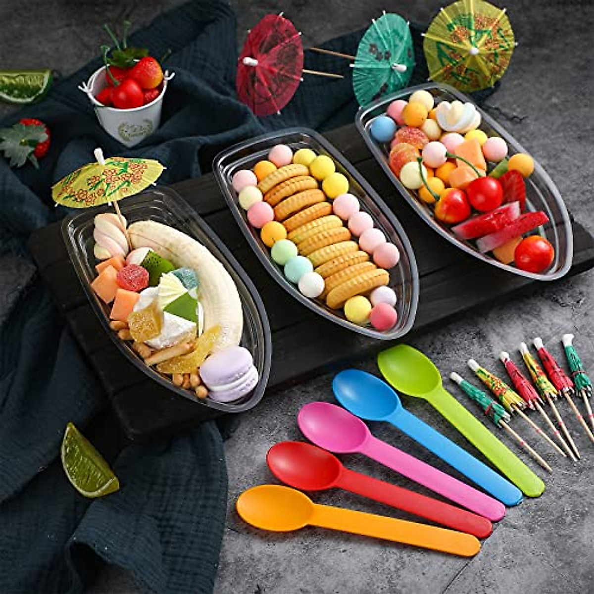 Clear Plastic 8 oz Banana Split Boat Bowls Set Disposable Reusable Banana Split Plate Include Ice Cream Sundae Splits Bowl Paper Umbrellas and Spoons for Parties Serving Sauces Candy Salad (50 Set)