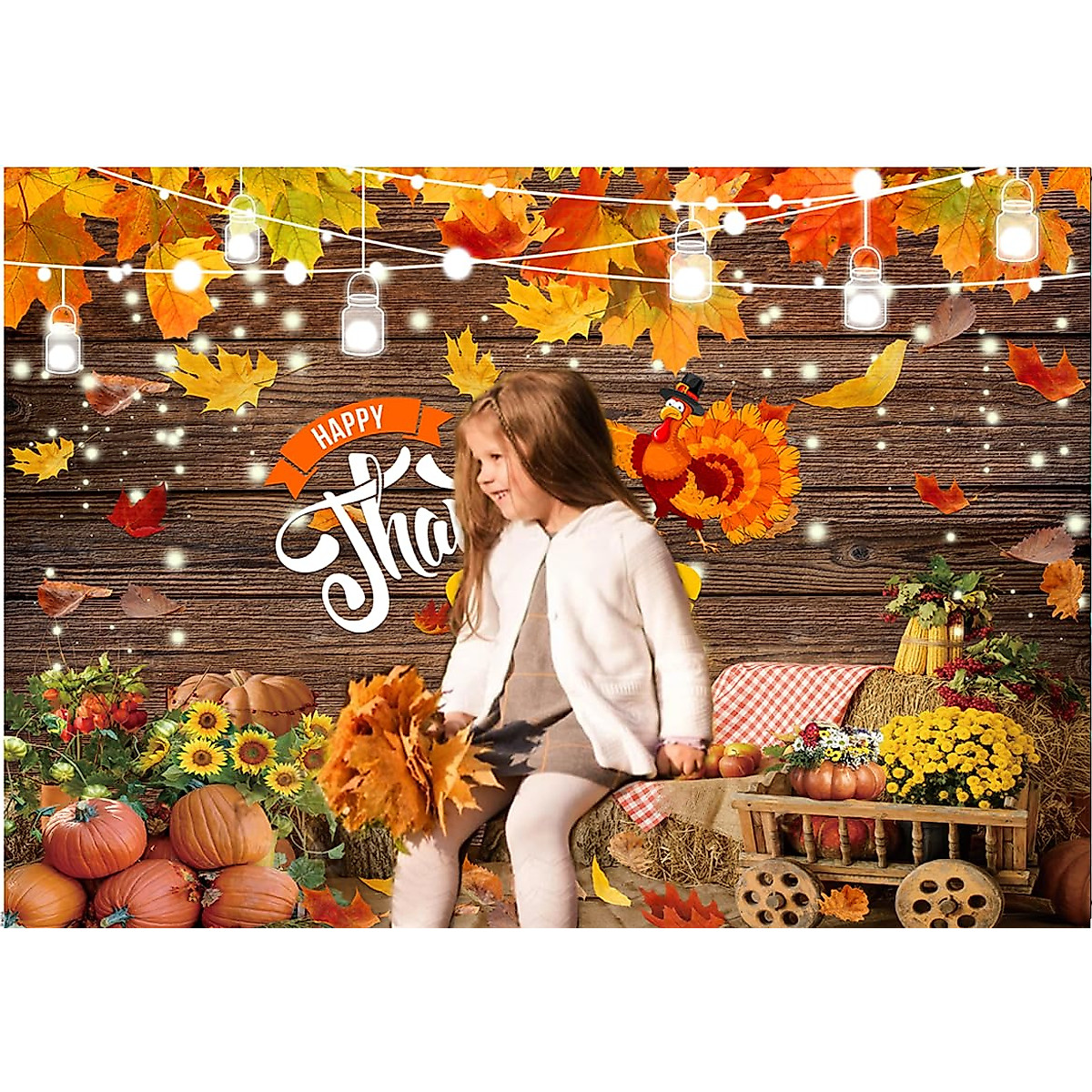 Dudaacvt 8x6ft Thanksgiving Photography Backdrop Rustic Wooden Floor Barn Harvest Background Thanksgiving Turkey Autumn Pumpkins Backdrop Thanksgiving Party Decoration Backdrop D643