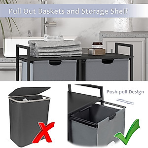 DAELIFKER Laundry Basket, Laundry Hamper 3 Section with Wheels, One Shelf, Metal Frame and Removable Laundry Sorter Bags, Clothes Hampers for Laundry Room (Grey, 85 L)