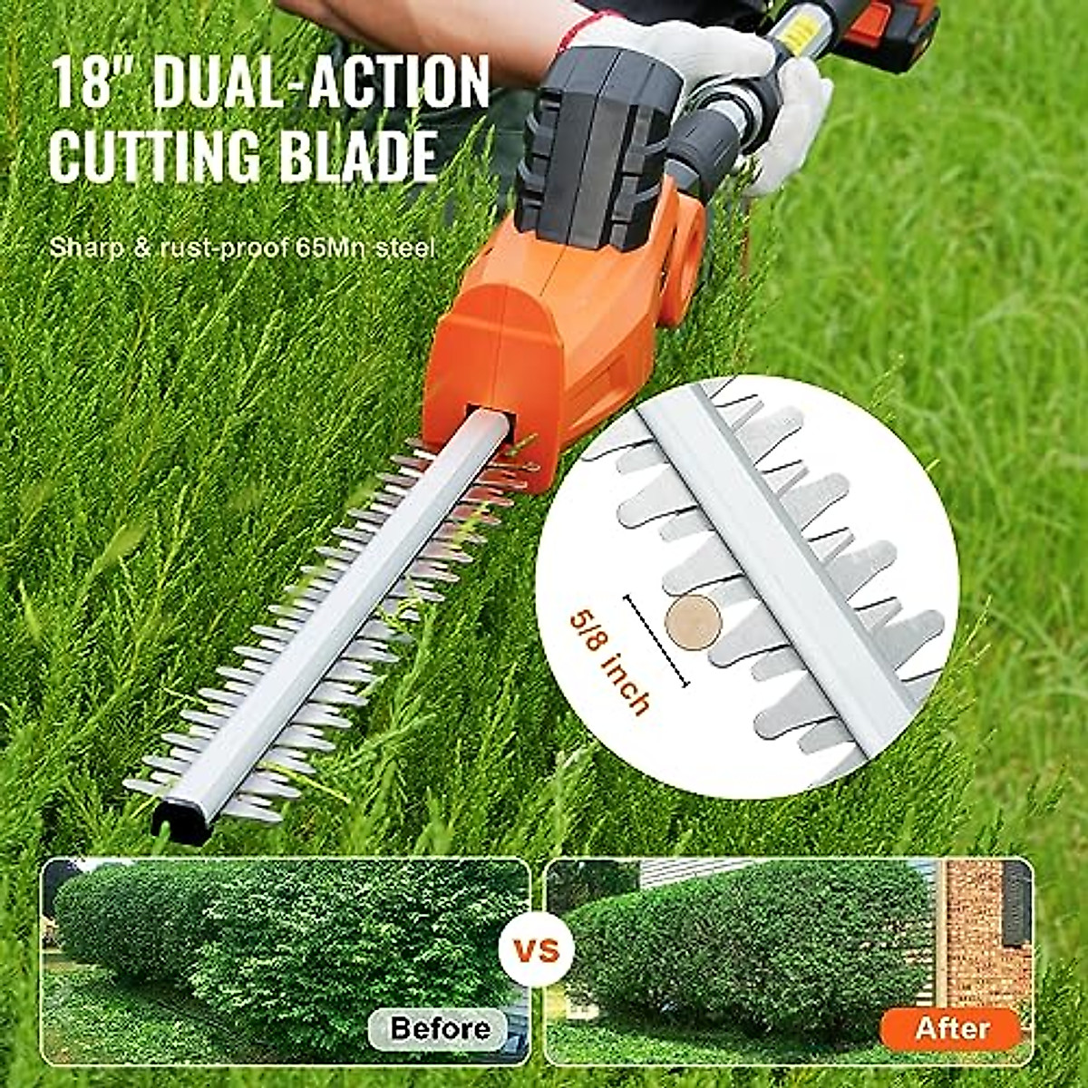 VEVOR Pole Cordless Hedge Trimmer, 20V Electric Bush Trimmer Kit with 18 inch Double-Edged Steel Blade, 74"-94" Telescoping Design for High Branches(2.0Ah Battery & Fast Charger Included)