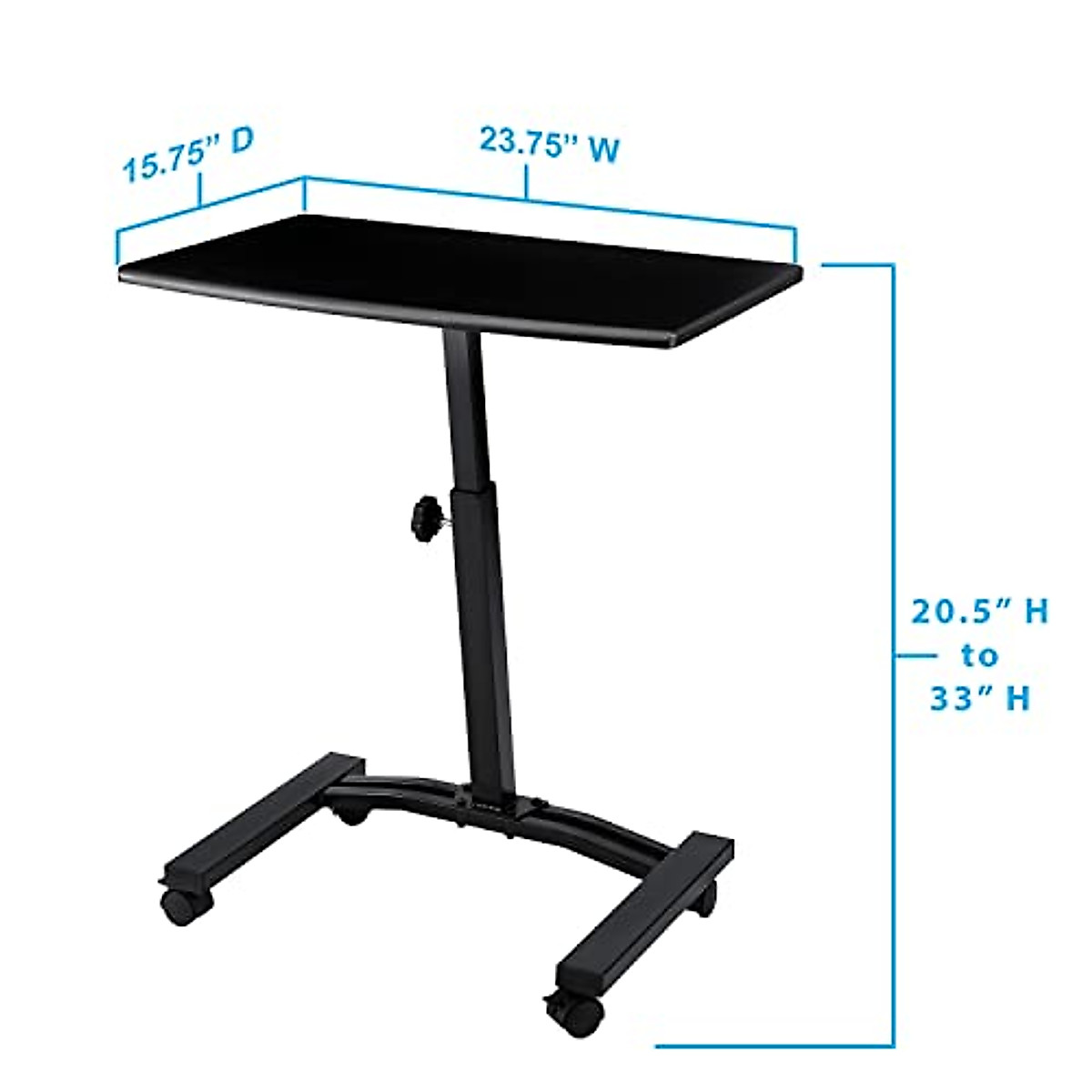Seville Classics Airlift Height Adjustable Mobile Rolling Laptop Cart Computer Workstation Desk Table for Home, Office, Classroom, Hospital, w/Wheels, Flat (24") (New Model), Black