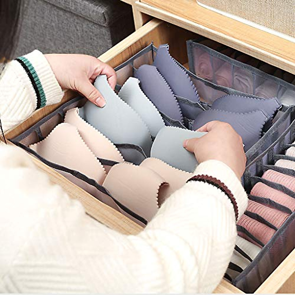 YMLHOME 3Pcs/Set Underwear Drawer Organizer Sock / Bra Organizer Divider Foldable Drawer Storage Box Closet Organizer for Underwear, Bras, Socks, Stockings, Scarves, Ties, Handkerchiefs (Grey)