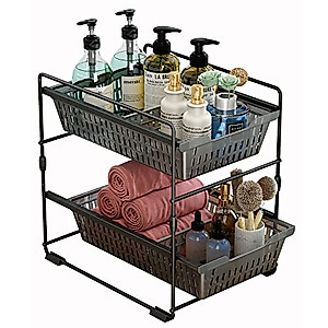 Under Sink Organizer,Bathroom Organizer Under Sink with Sliding Basket,Under Sink Cabinet Organizer Rack For Kitchen,Toilet,Sturdy,Anti-Rust Black