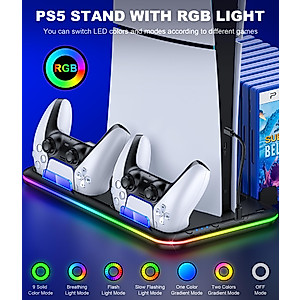 PS5/PS5 Slim Stand and Cooling Station with Controller Charging Station for Playsation 5, PS5 Accessories Kit Incl. 3 Levels Cooling Fan, LED, 15 Game Slot, Headset Holder for PS5 Digital/Disc Console