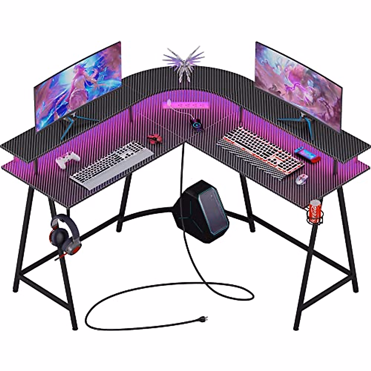 SUPERJARE L Shaped Gaming Desk with Power Outlets & LED Lights, Carbon Fiber Surface, Computer Desk with Monitor Stand, Home Office Desk Corner Desk with Cup Holder & Hooks, Black