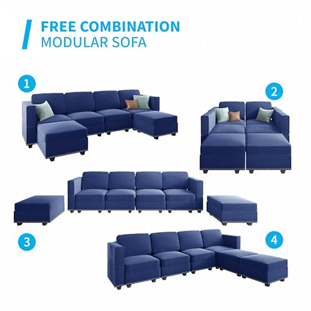 Mjkone Velvet Modular Sectional Sofa with Adjustable Armrest and Backrest for Living Room，U Shaped Couch 6 Seater Convertible Sectional Couch with Indidual Storage Ottoman -Velvet Blue