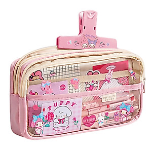 etnoreun Kawaii Cute Clear Pencil Case with Free Stickers Pen Pouch Spacious Multiple Compartments (Pink)