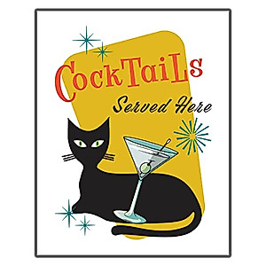 Mid Century Modern No.21 Wall Art Print - 11x14 UNFRAMED Retro Boho Aesthetic Kitchen, Bar Decor. Atomic Cat with Martini “Cocktails Served Here”