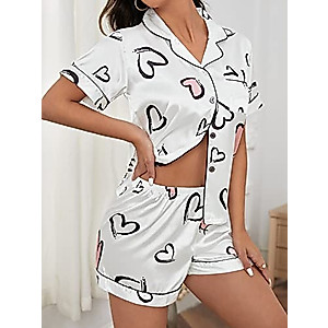 GORGLITTER Women's Silk Satin Pajamas Set Heart Print Loungewear Button Down Pj Shorts Sets White Medium