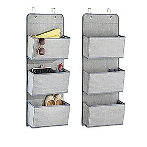 mDesign Fabric Hanging Organizers for Over the Door Storage In Bedroom/Hallway Closets, 3 Pocket Organizer Caddy, Hooks for Linens, Clothing, Accessories, Lido Collection, Textured Print, 2 Pack, Gray
