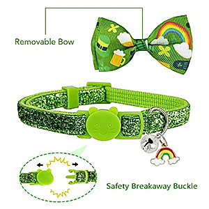 Pohshido 2 Pack St. Patrick's Cat Collar with Bow Tie and Bell, Kitty Kitten Breakaway Lucky Irish Shamrock Collar for Girls and Boys Male Female Cats (The Lucky One)