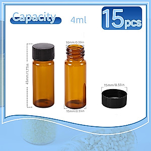 QOAEZK 15 PCS 4ML Amber Small Liquid Sample Glass Vials with Screw Caps,1Dram 15x45mm Leak-Proof Vial, 13-425 Black Screw Cap with PE Liners for Lab, Essential Oil, Perfume, Reagents
