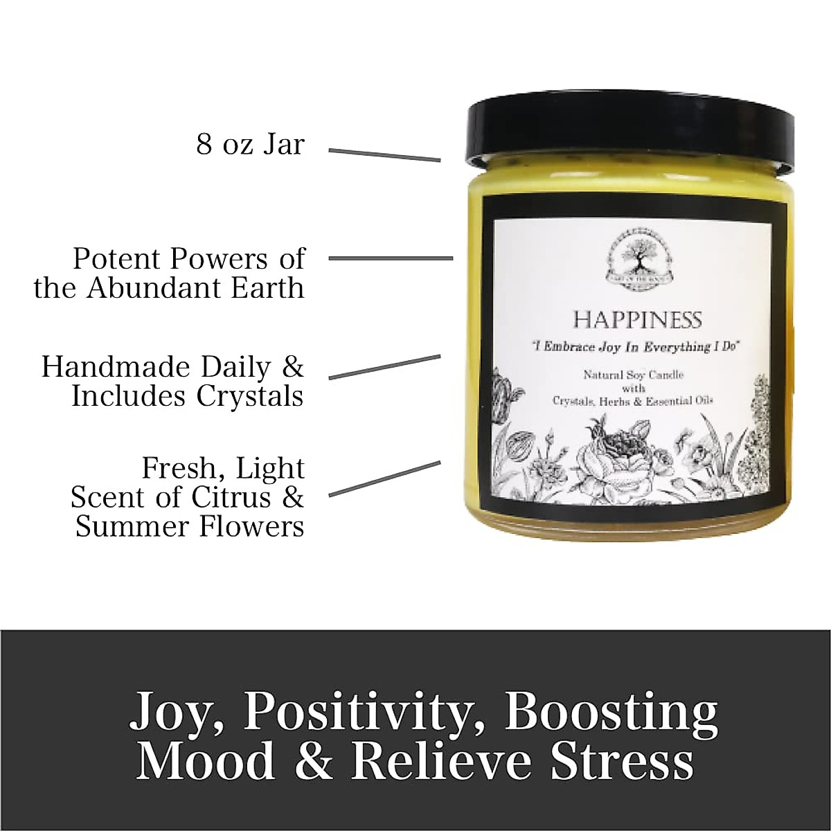 Happiness Soy Affirmation Candle by Art of The Root | Natural Soy Wax | Infused with Blue-Green Apatite Crystals | Wiccan, Pagan, Meditation & Magick | Aromatherapy, Joy, Positive Energy