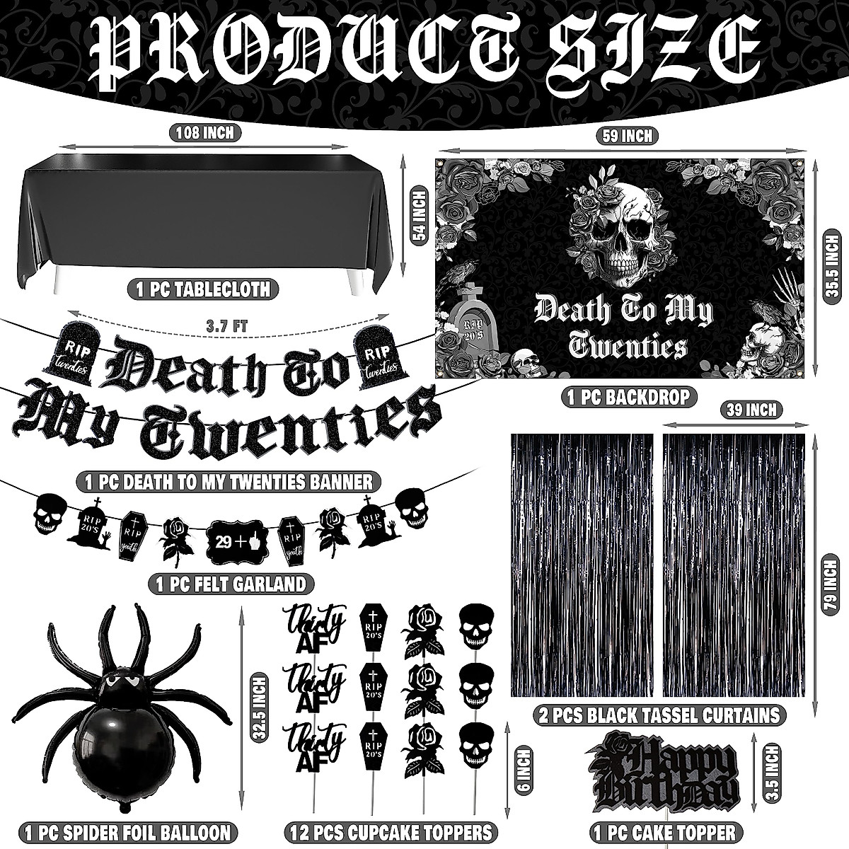WHYMEO 30th Birthday Party Decorations Pack 97Pcs,Death to My 20s Supplies Including Banner Garland Backdrop Tablecloth Rip Sash Cake Toppers Balloon Set for Funeral Youth Funny Thirtieth Party,Black