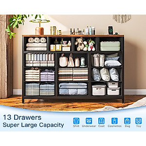 Casaottima Dresser for Bedroom with Charging Station, 57" Long Dresser with 13 Storage Drawers, Large Fabric Dressers Chests of Drawers with Shelves, Black and Vintage