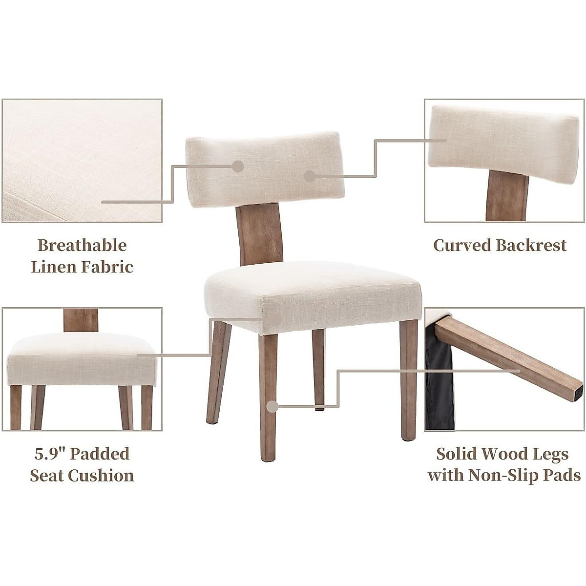 BESTANO Modern Dining Chairs Set of 4, Comfy Upholstered Side Chairs with Wood Legs, Linen Fabric Dining Chairs with Curved Wingback for Living Room Dining Room, Beige