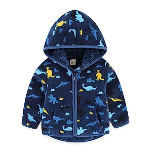 BeiVSlley Toddler Baby Boy Girls Thick Hooded Fleece Jacket Coats, Unisex Cute Prints Kids Warm Autumn Winter Full-zip Outerwear,A-Blue Dinosaur,2-3T