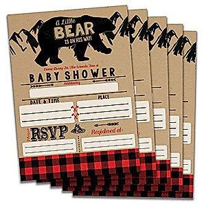 Fill in Baby Shower Invitations (Bear) Buffalo Plaid Theme