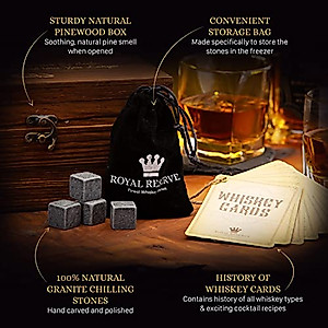 Whiskey Stones Gift Set by Royal Reserve | Artisan Crafted Chilling Rocks Scotch Bourbon Glasses and Slate Table Coasters – Gift for Guy Men Dad Boyfriend Anniversary or Retirement Regalos para hombre