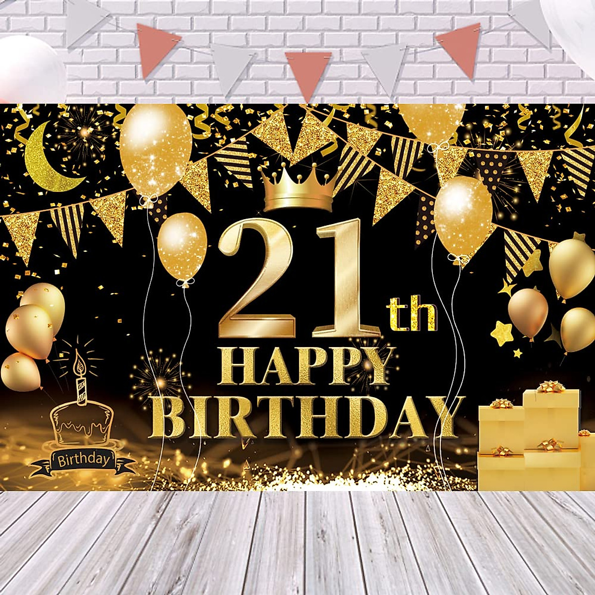 Happy 21th Birthday Backdrop Banner Black Gold 21th Sign Poster 21 Birthday Party Supplies for Anniversary Photo Booth Photography Background Birthday Party Decorations, 72.8 x 43.3 Inch