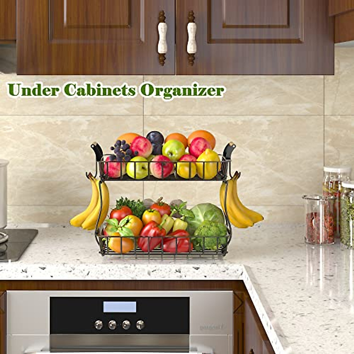 OKZEST 2 Tier Fruit Basket with 2 Banana Hangers, Vegetable Fruit Basket Bowl for Kitchen Countertop, Metal Fruit Storage Stand Holder Organizer for Bread Snack Potato Onion Produce