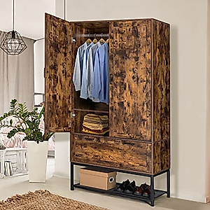VINGLI Armoire, Wardrobe Closet with Hanging Rod, Bedroom 71" Freestanding Wardrobe Cabinet with Doors, Adjustable Shelves and Drawer, Open Compartment, Rustic Brown
