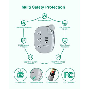 USB C Travel Power Strip,Alitayee Portable Power Strips with 3 Outlets 3 USB Ports Fast Charge, USB Extension Cord with Flat Plug and 3ft Wrapped Around Extension Cord for Cruise Travel Home Office