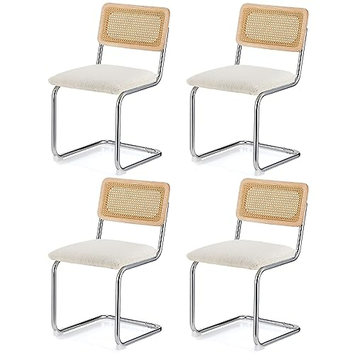 SWHSE 32.5" Rattan Dining Chairs Set of 4, Upholstered Boucle Mid-Century Modern Dining Chairs Set of 4 with 3-Layer Thickened Cushion and Galvanize Tube Frame for Dining Room, Kitchen (White Boucle)
