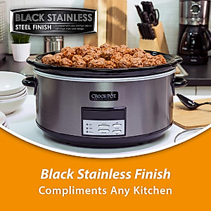Crockpot 8 Quart Slow Cooker with Auto Warm Setting and Cookbook, Black Stainless Steel
