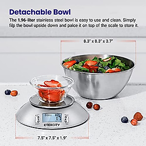 Etekcity Food Kitchen Scale with Bowl, Digital Weight Scale for Food Ounces and Grams, Cooking and Baking, Timer, and Temperature Sensor, 2.06 QT, Stainless Steel