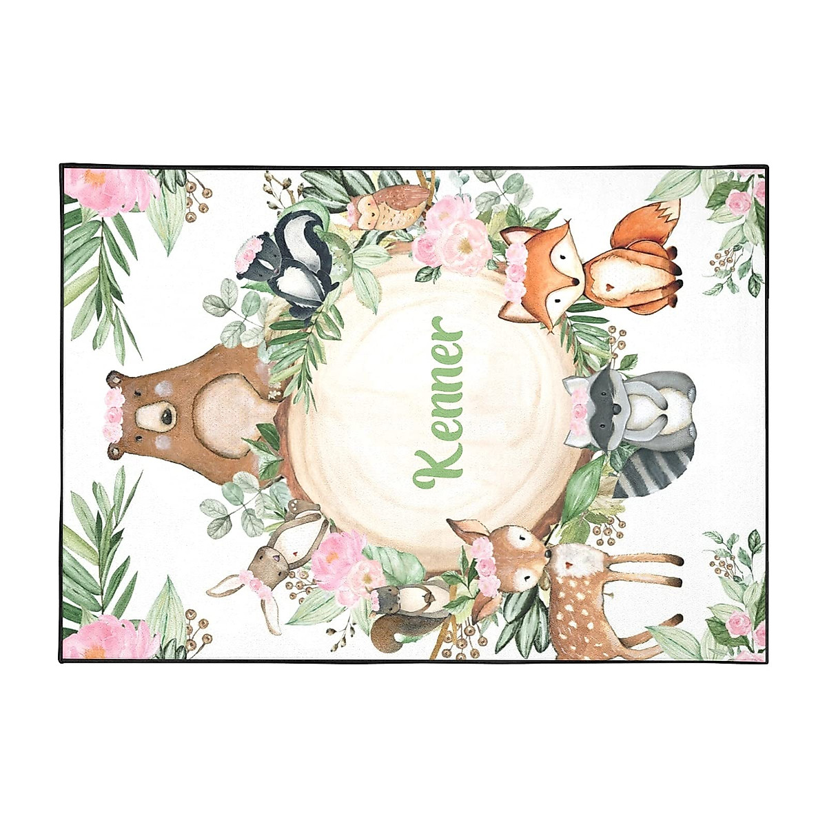 Greenery Wild Animals Personalized Non-Slip Area Rug Fiber Custom Carpet Name Text Floor Mat 5.2'x7.5' for Bedroom Living Room Home Decoration