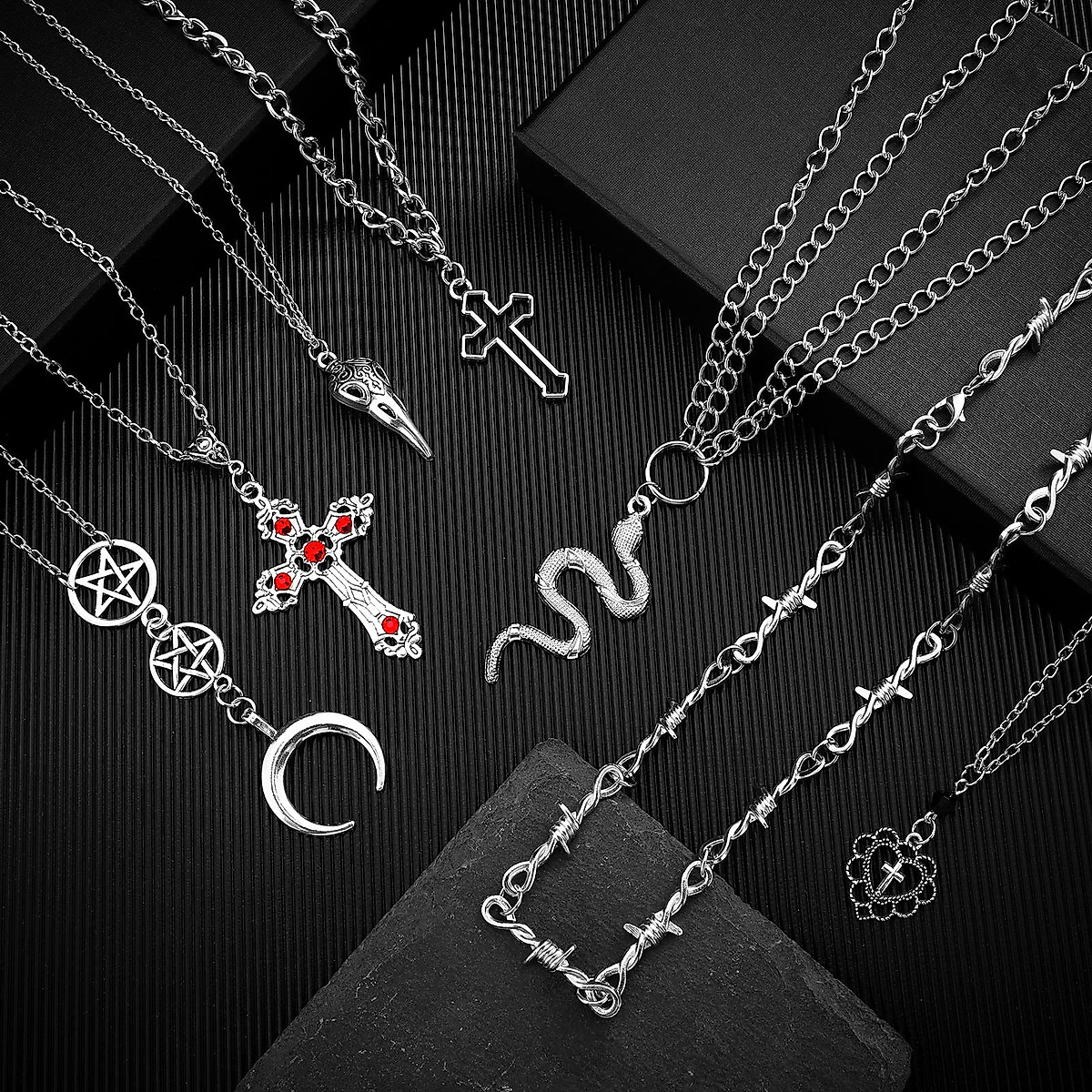 Janmercy 15 Pcs Gothic Grunge Necklace Set Goth Punk Rock Vintage Y2k Harajuku Silver Chain Choker Necklace Jewelry Costume Accessories for Women Teen Girls