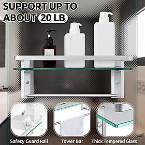Geetery 2 Sets Glass Bathroom Shelf with Towel Bar 15.75 x 4.5 Inches Wall Mounted Aluminum Tempered Glass Shelf Rustproof Shelves Bathroom Hand Towel Holder with Shelf Shower Rack Bathroom Hardware