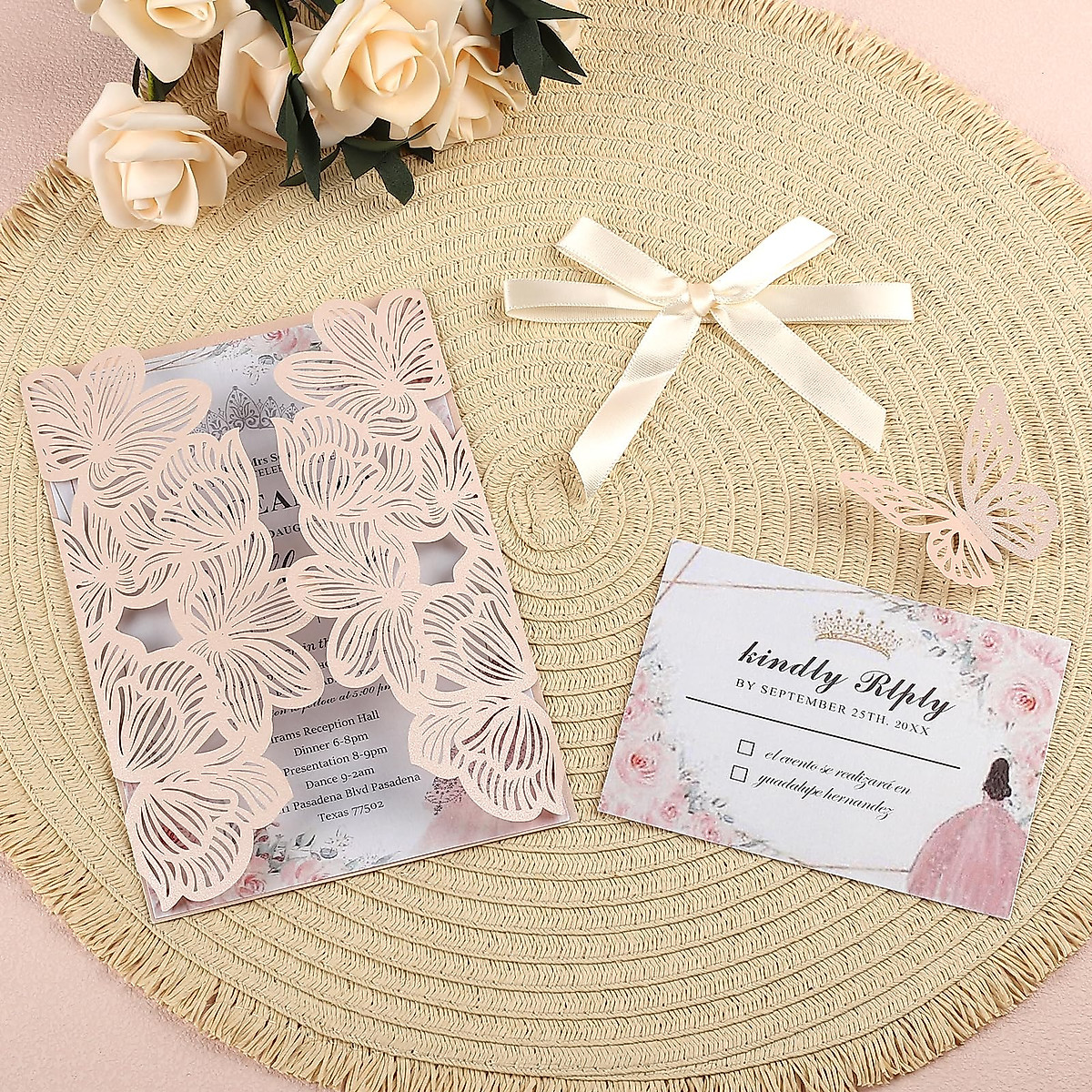 50pcs Pink Wedding Invitations Personalized with Envelopes and RSVP Cards Blank Laser Cut Hollow Flower Invitation Kits Butterfly Invitations for Engagement Wedding Birthday Party Bridal Shower