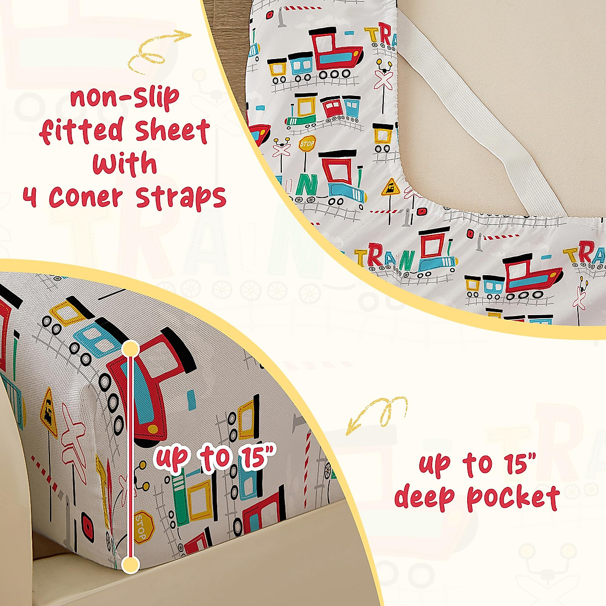 Bedmoon Boys Twin Sheets, Kids Train Bed Sheet Set with Non-Slip Fitted Sheet, Boys Soft Microfiber Twin Sheets & Pillowcases, Red Blue