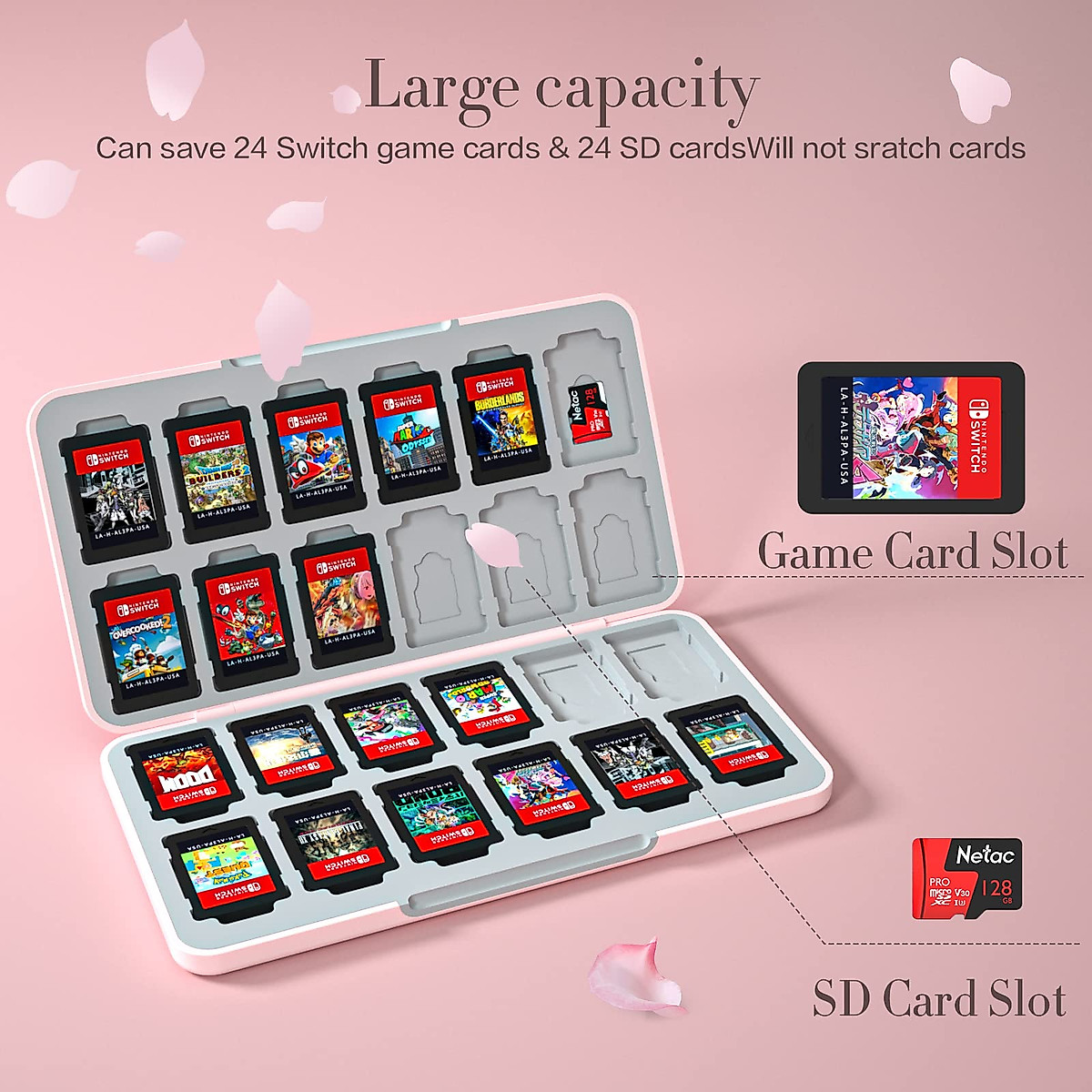 NANANINO Switch Game Case Pink, Cherry Blossoms Pattern Switch Game Card Case with 24 Game Card Slots and 24 Micro SD Card Slots