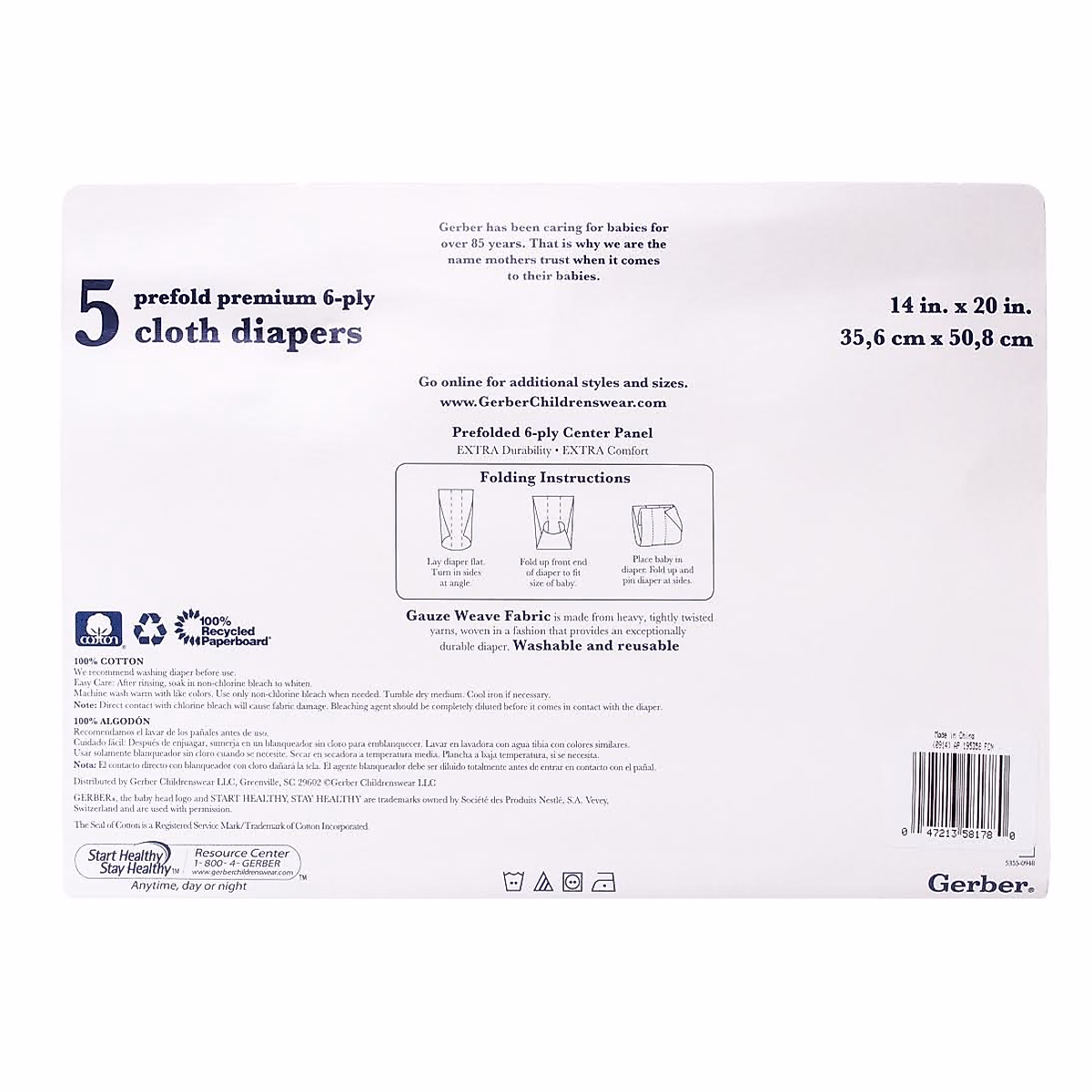 Gerber Prefold Premium 6-Ply Cloth Diapers, 5-Pack